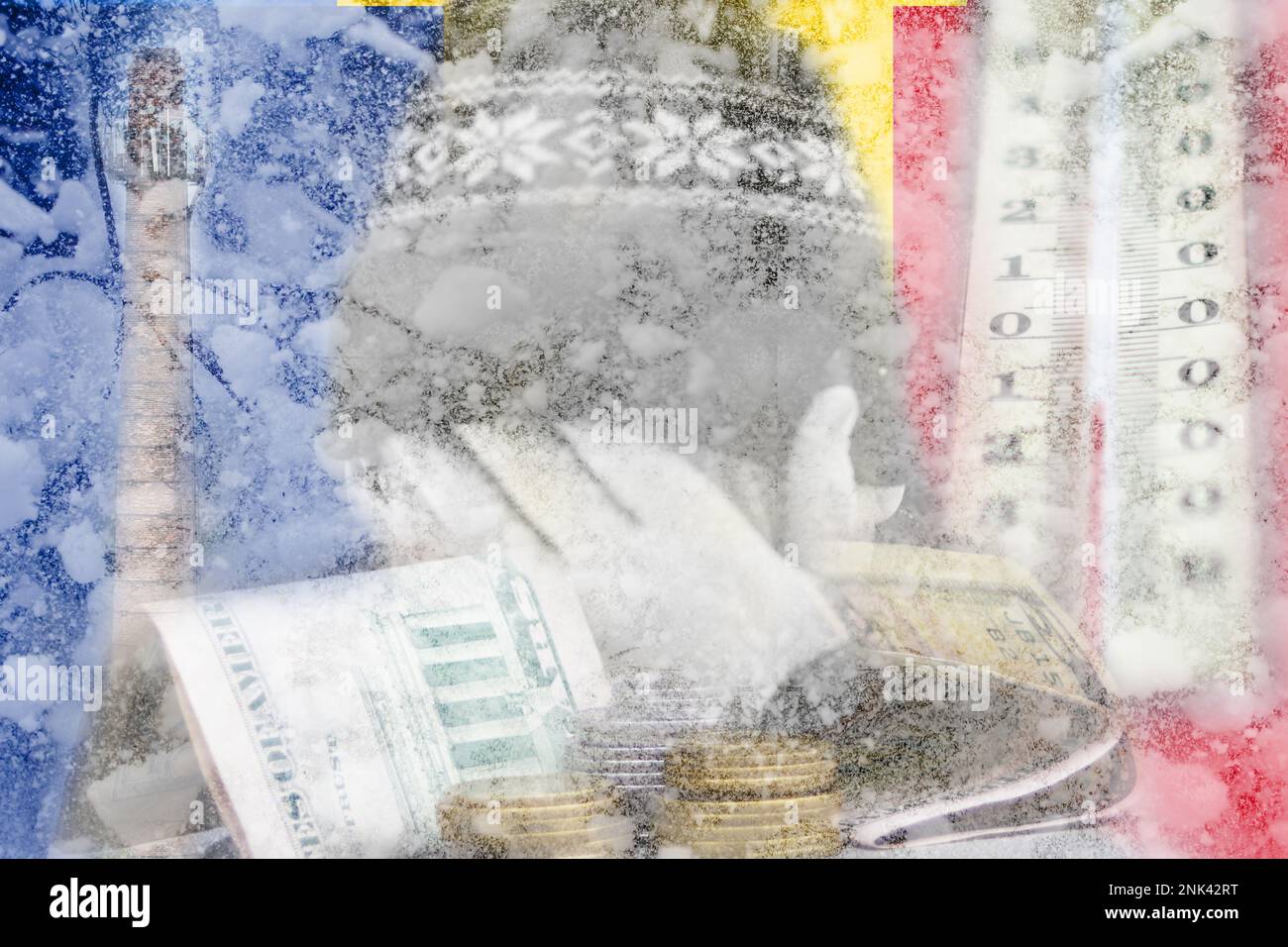 Defocus man hiding face. Increase in the cost of gas bill. Romania flag ...