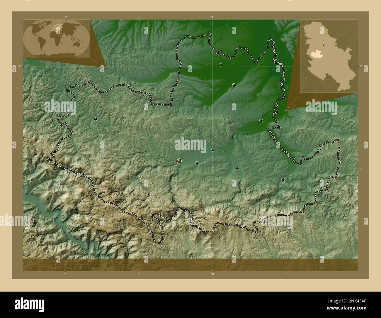 Kolubarski, district of Serbia. Colored elevation map with lakes and ...