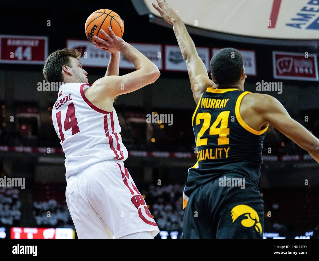 Wisconsin's Carter Gilmore (14) against Iowa's Kris Murray (24) during ...