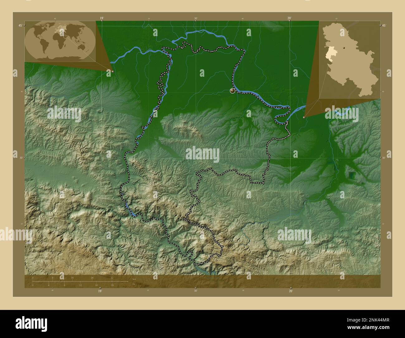 Macvanski, district of Serbia. Colored elevation map with lakes and ...