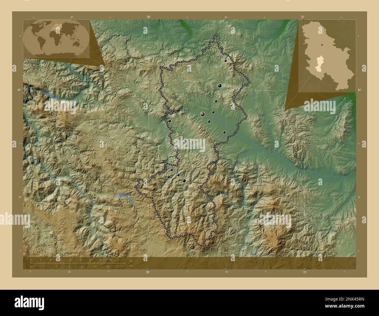Moravicki, district of Serbia. Colored elevation map with lakes and ...