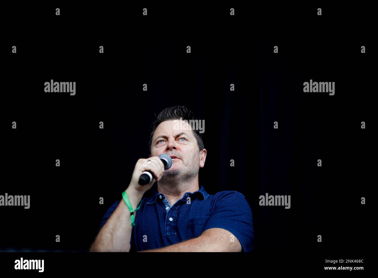Actor and comedian Nick Offerman speaks during the Substack Mystery Hour with Neko Case and Jeff ...