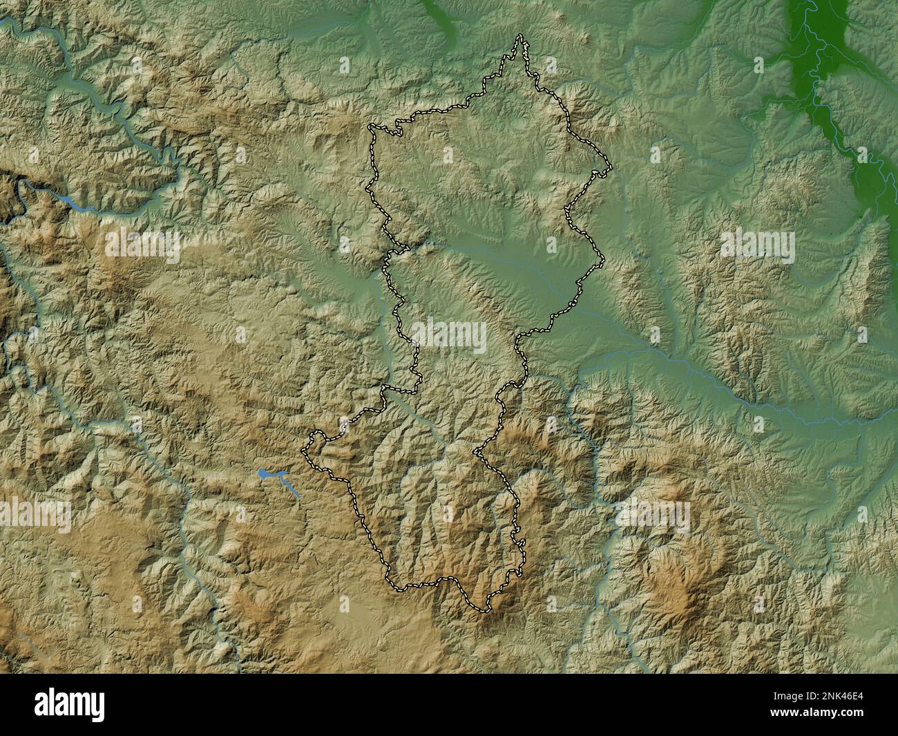 Moravicki, district of Serbia. Colored elevation map with lakes and ...