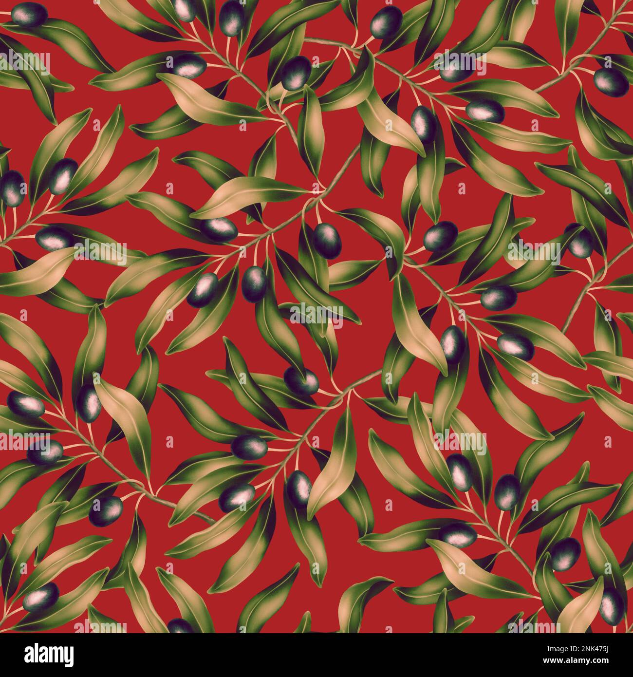 Seamless pattern with olive tree branch and leaves. Vivid print with ...