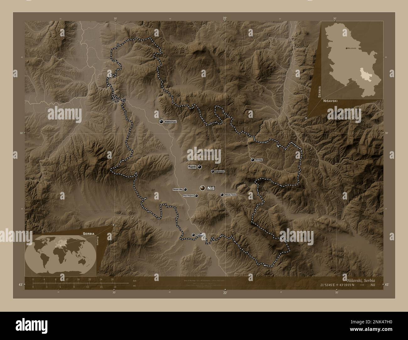 Nisavski, district of Serbia. Elevation map colored in sepia tones with ...