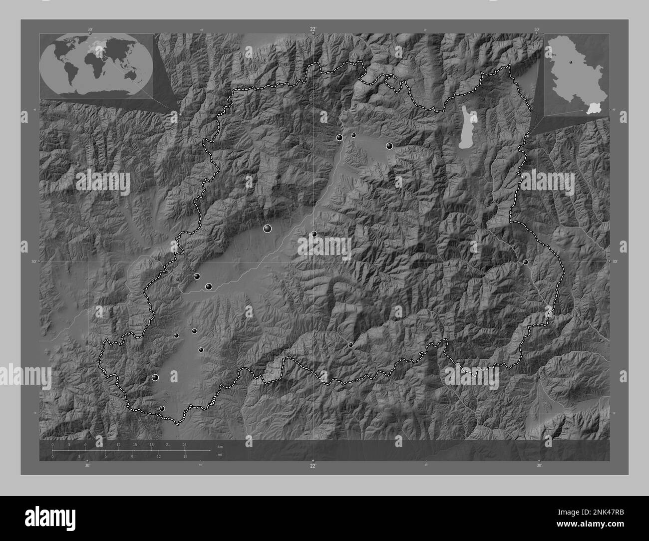 Pcinjski, district of Serbia. Grayscale elevation map with lakes and ...