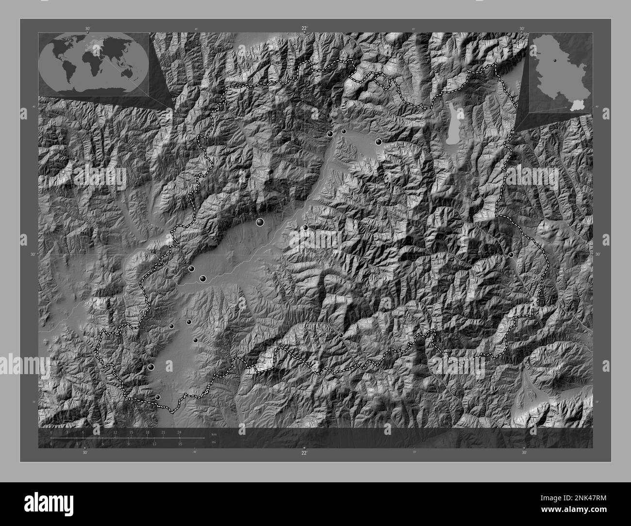 Pcinjski, district of Serbia. Bilevel elevation map with lakes and ...