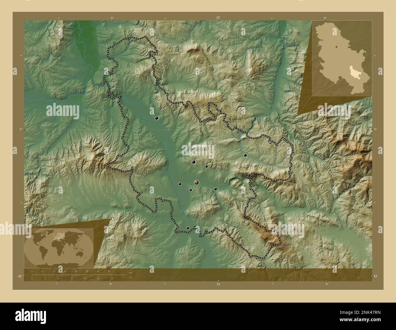 Nisavski, district of Serbia. Colored elevation map with lakes and ...