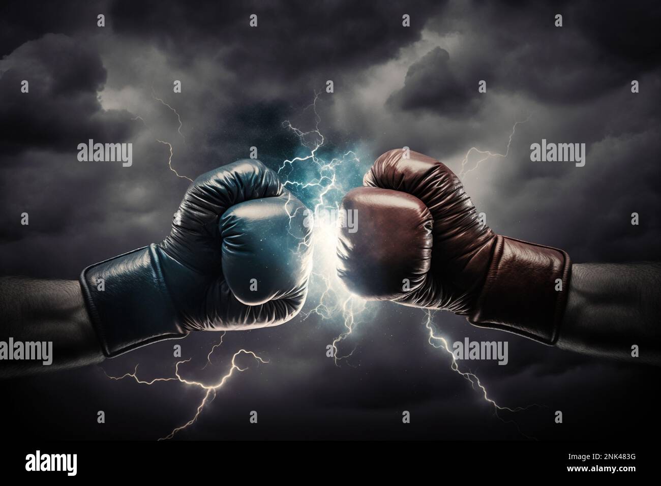 Boxing fight, close up of two fists hitting each other over dark Stock ...