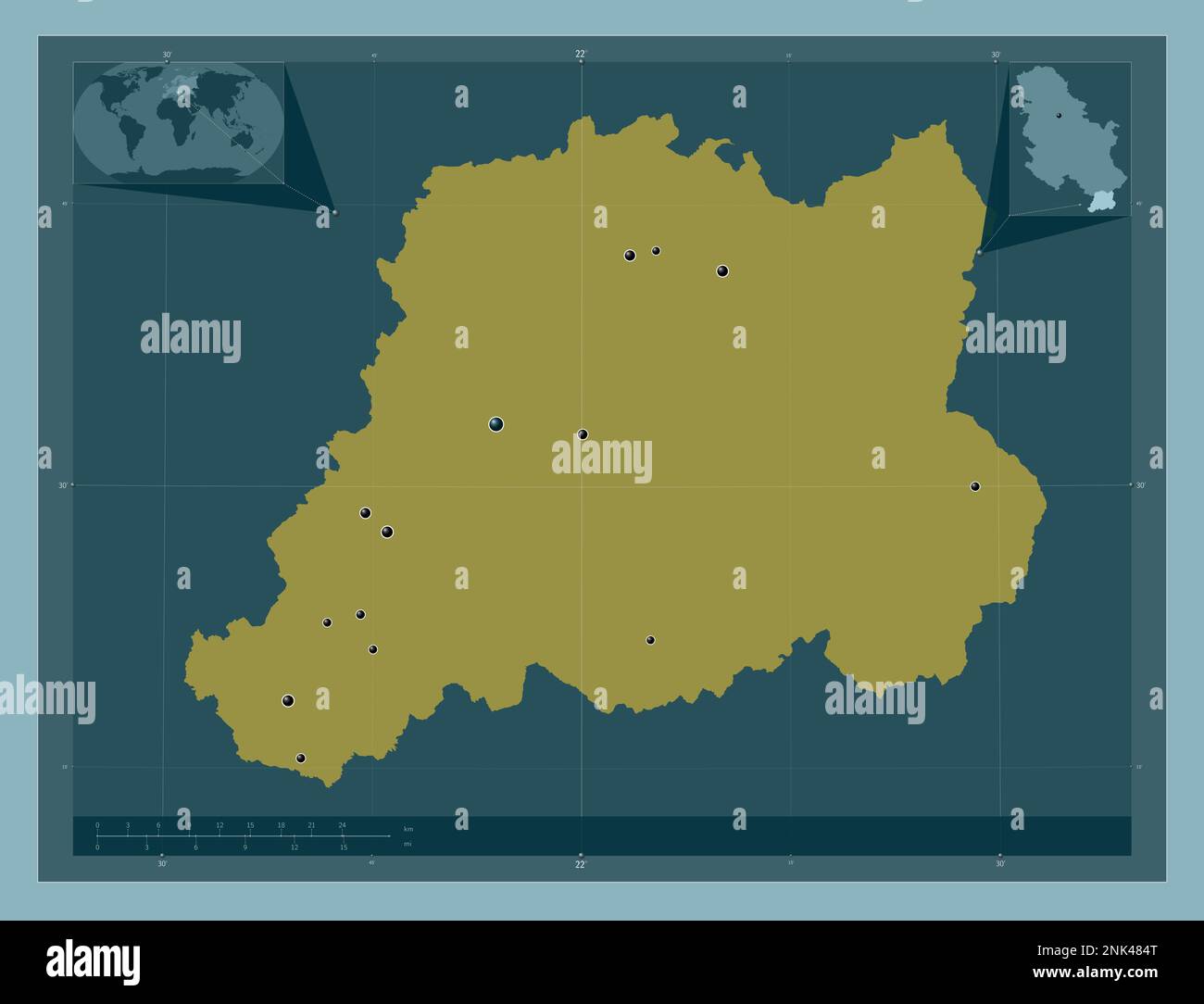 Pcinjski, district of Serbia. Solid color shape. Locations of major ...