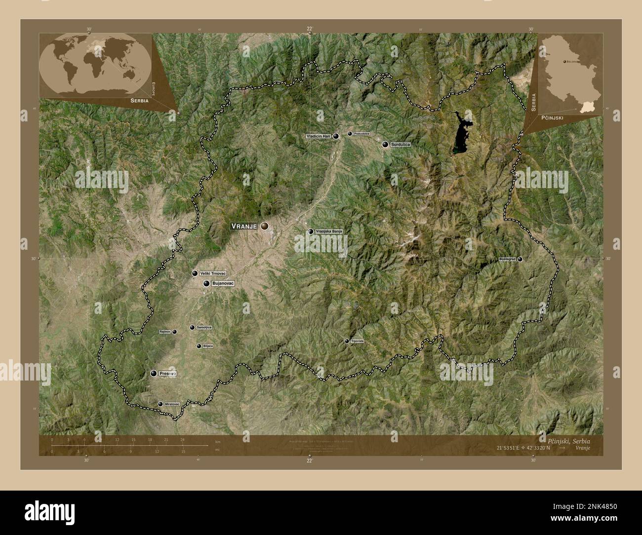 Pcinjski, district of Serbia. Low resolution satellite map. Locations ...