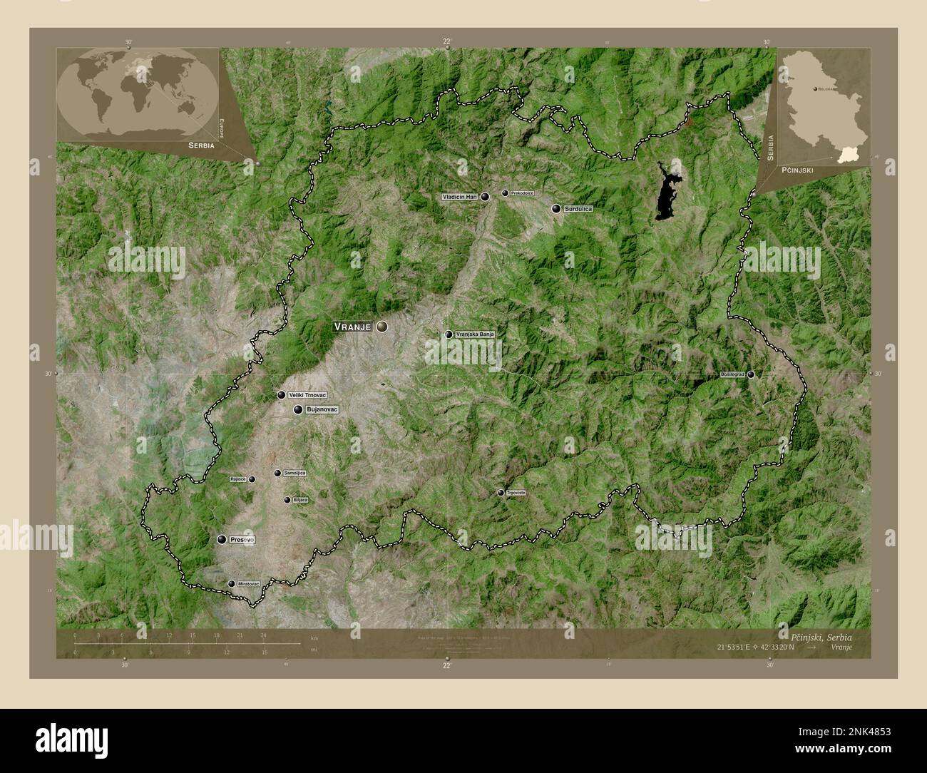 Pcinjski, district of Serbia. High resolution satellite map. Locations ...