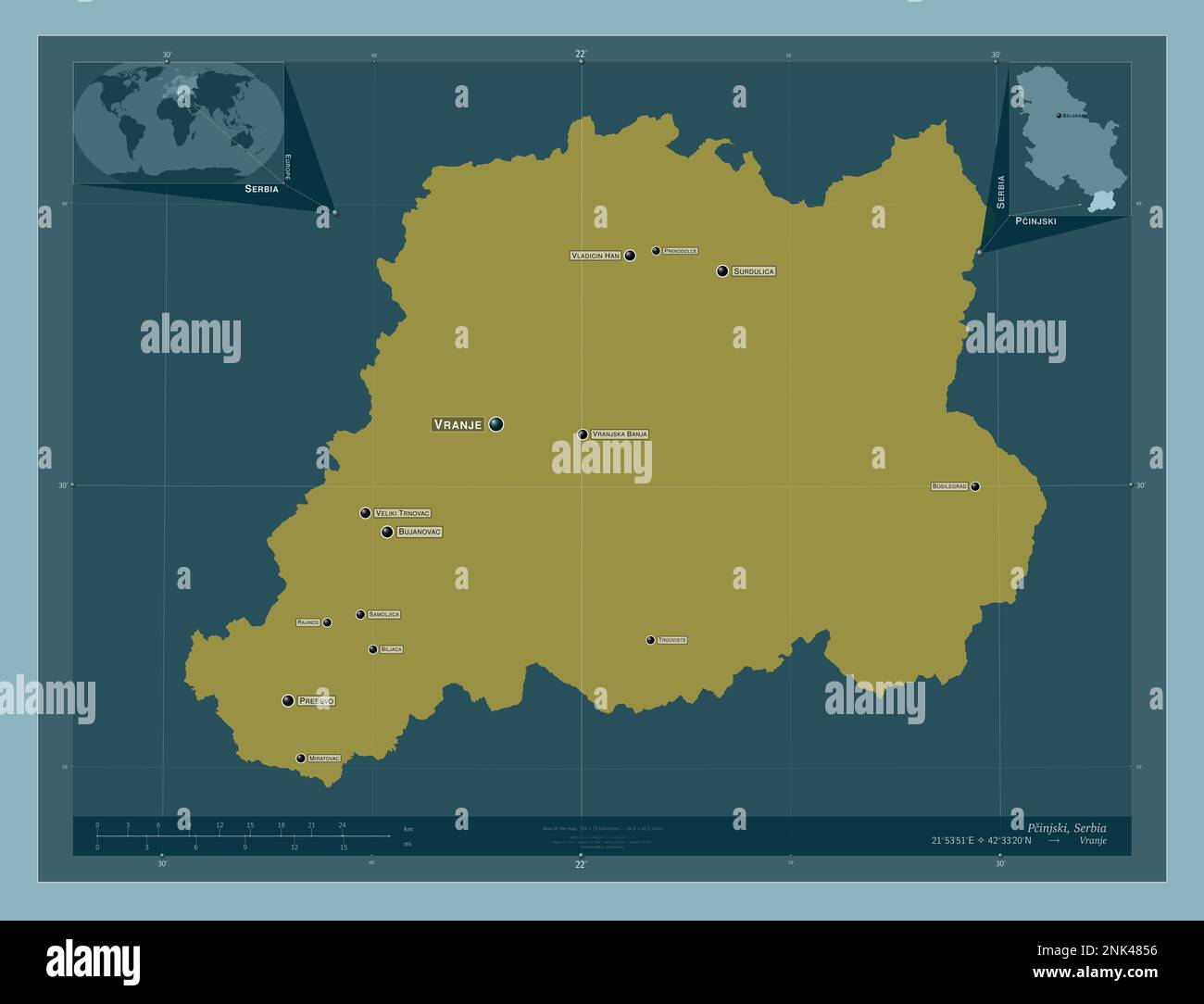 Pcinjski, district of Serbia. Solid color shape. Locations and names of ...