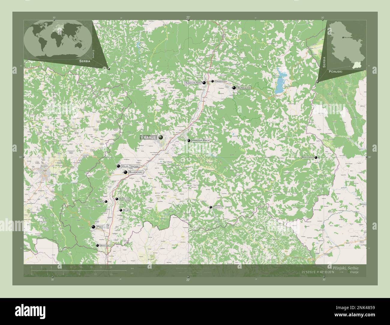 Pcinjski, district of Serbia. Open Street Map. Locations and names of ...