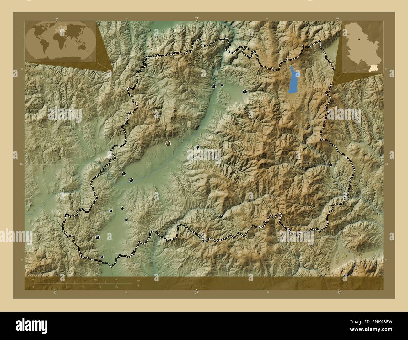 Pcinjski, district of Serbia. Colored elevation map with lakes and ...