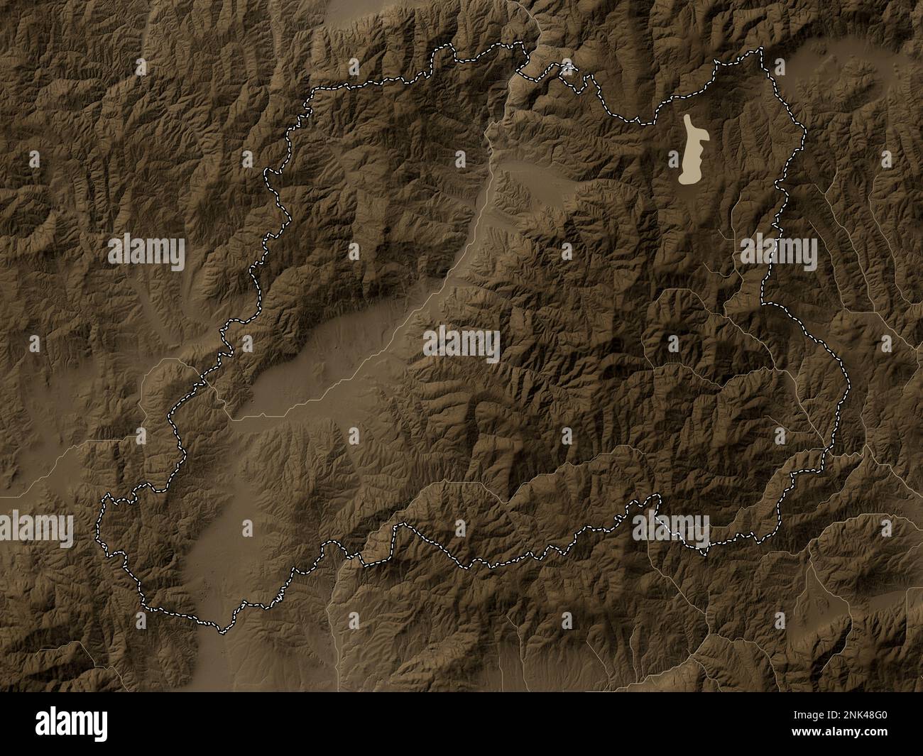 Pcinjski, district of Serbia. Elevation map colored in sepia tones with ...