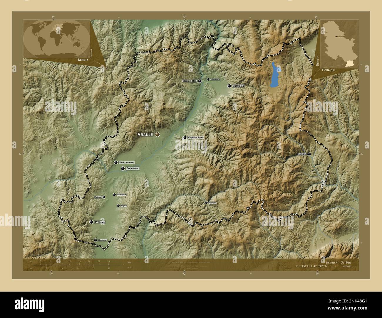 Pcinjski, district of Serbia. Colored elevation map with lakes and ...
