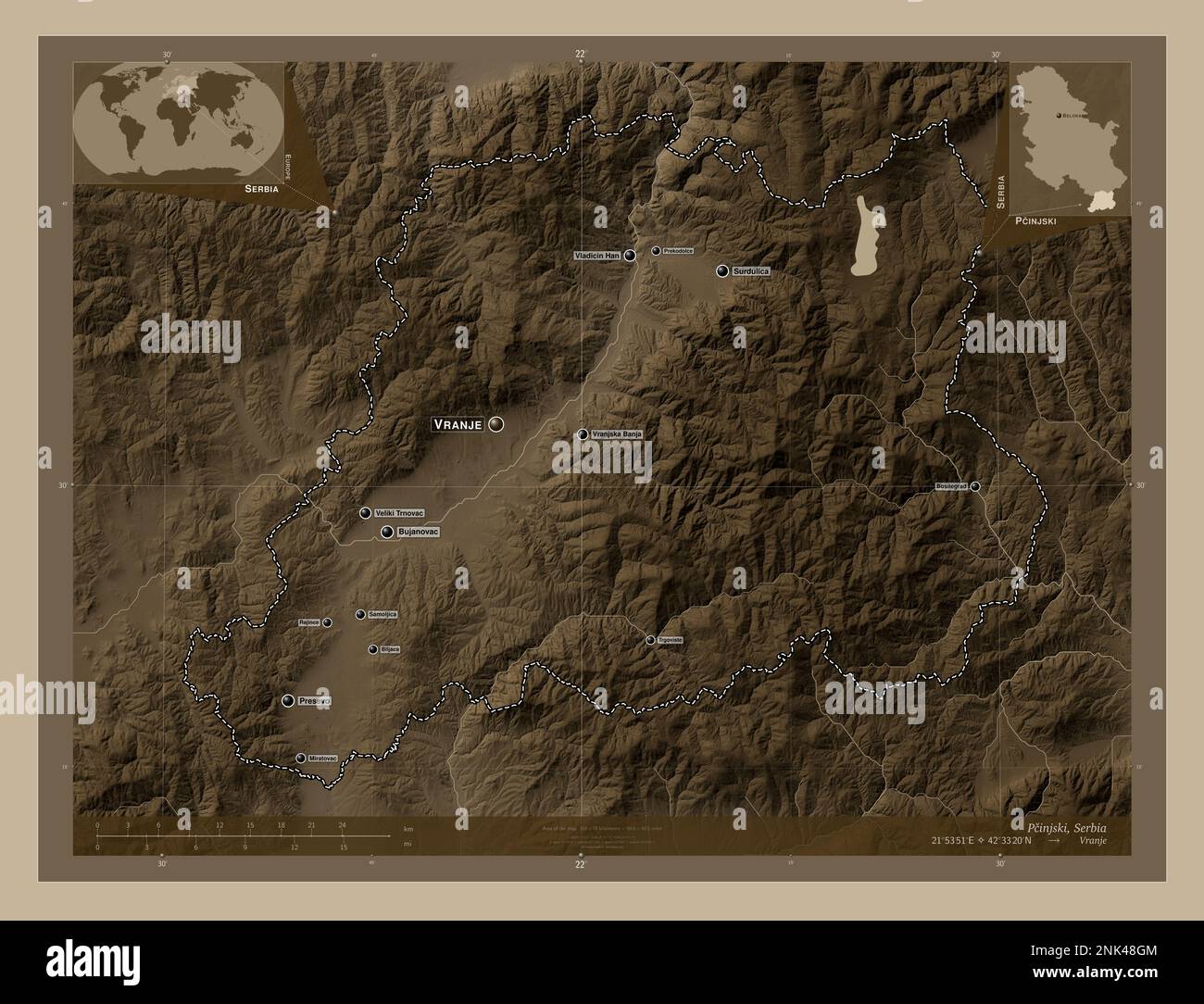Pcinjski, district of Serbia. Elevation map colored in sepia tones with ...
