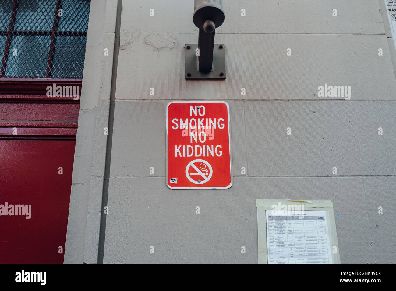 Close up of a No Smoking No Kidding sign on the wall of a building in ...