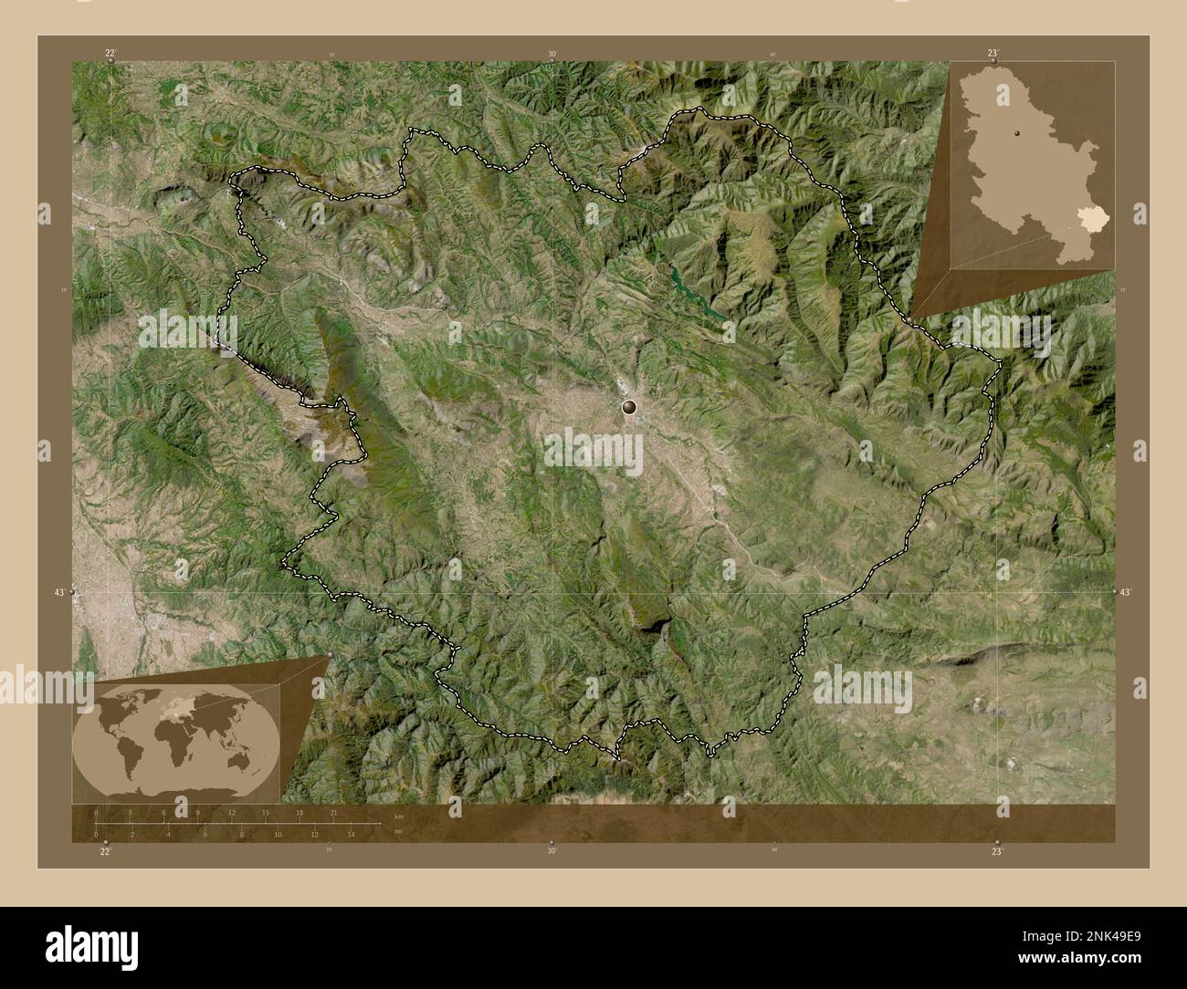 Pirotski, district of Serbia. Low resolution satellite map. Corner ...