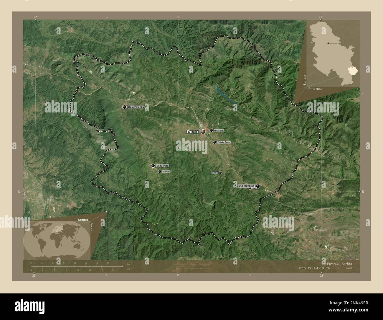 Pirotski, district of Serbia. High resolution satellite map. Locations ...