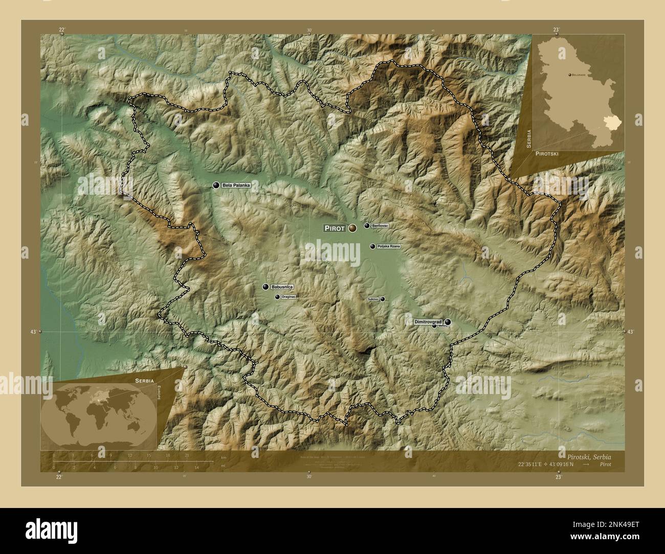 Pirotski, district of Serbia. Colored elevation map with lakes and ...