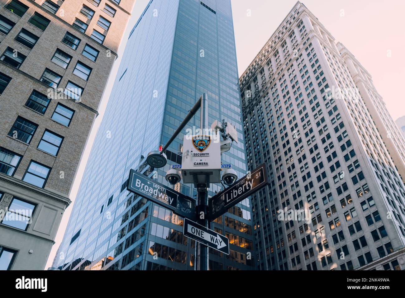 New York, USA - November 25, 2022: NYPD camera above street name signs ...
