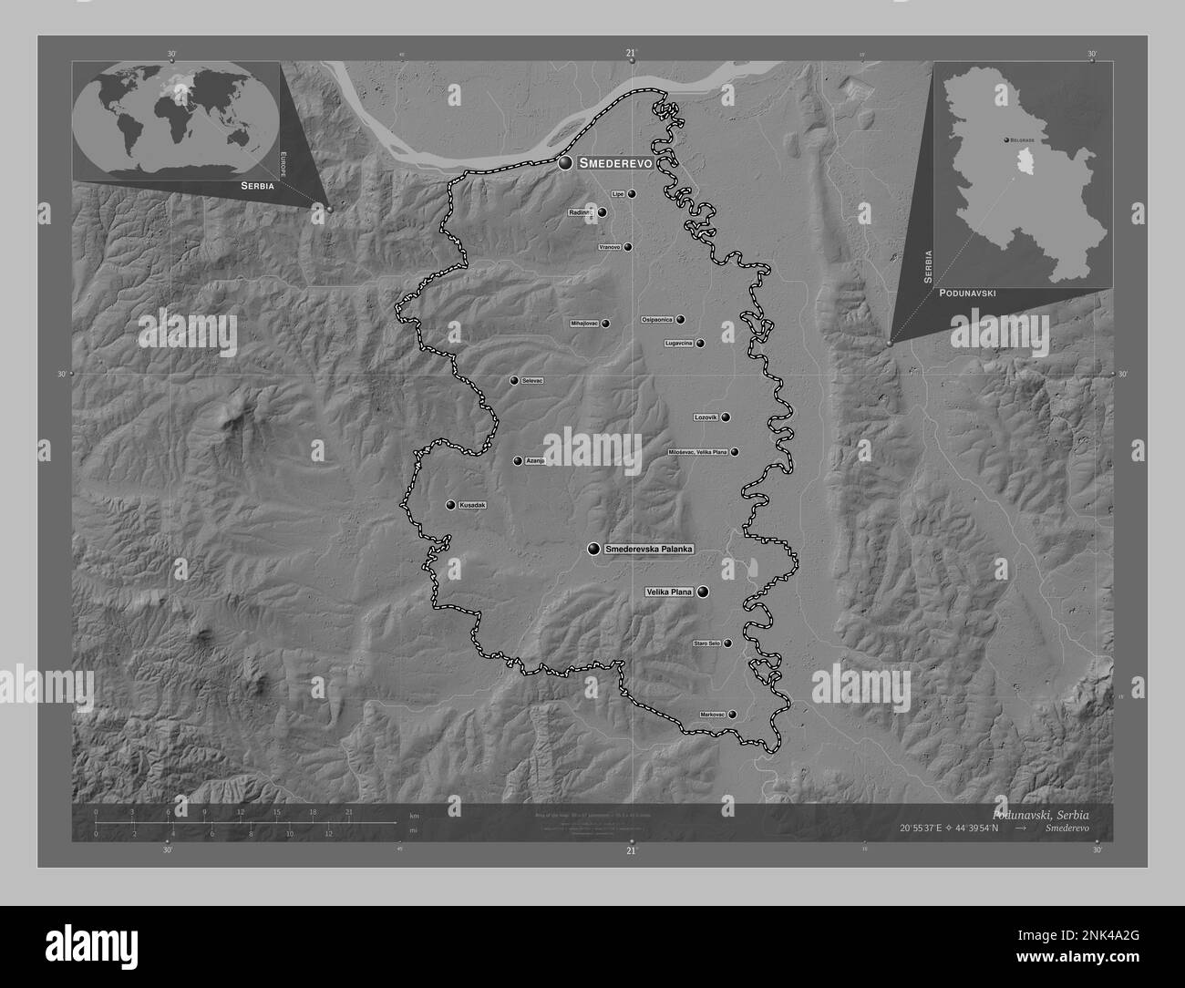 Podunavski, district of Serbia. Grayscale elevation map with lakes and ...