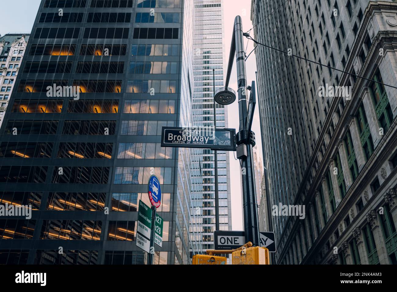 New York, USA - November 25, 2022: Street name signs on Broadway, a 13 ...
