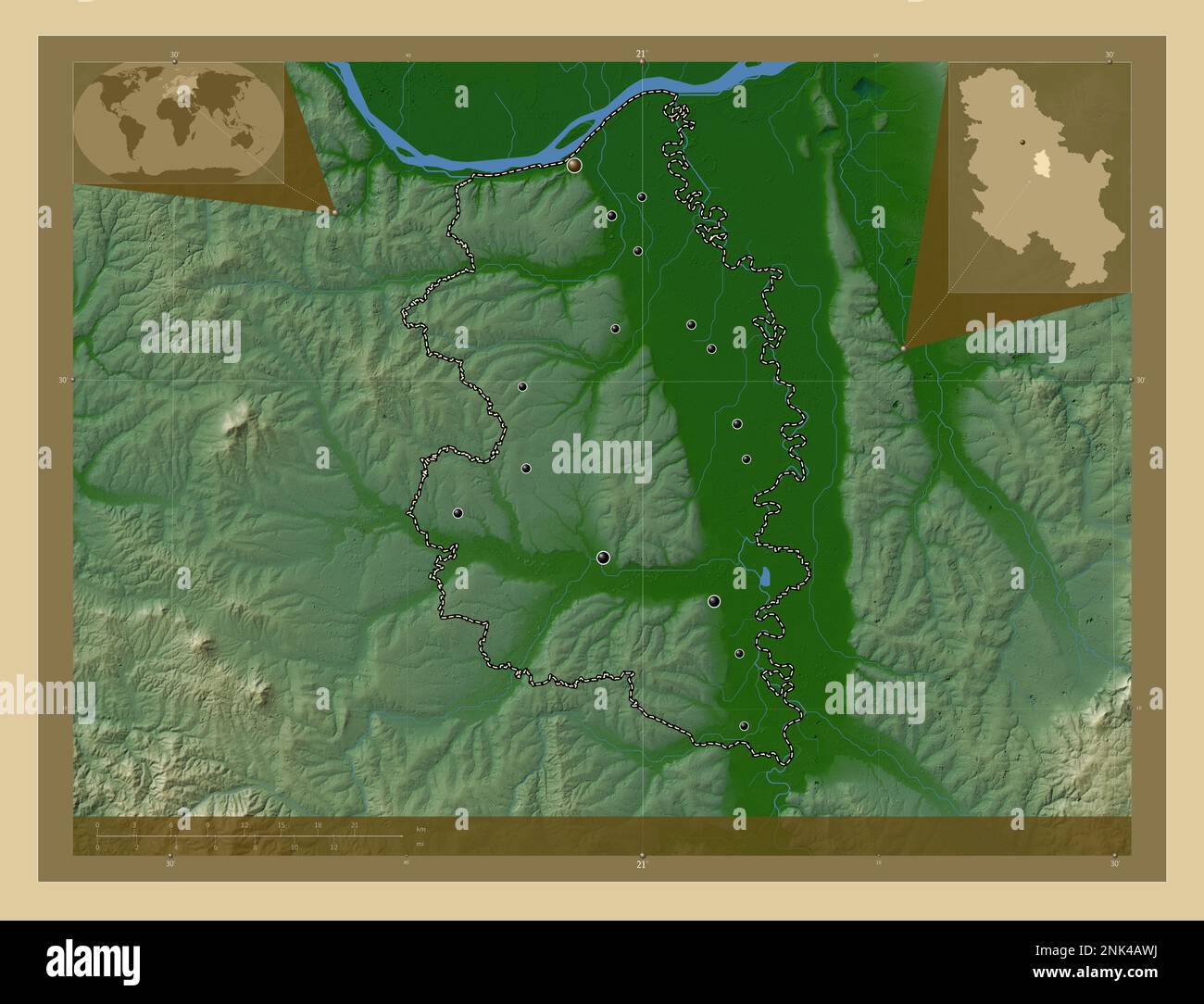 Podunavski, district of Serbia. Colored elevation map with lakes and ...