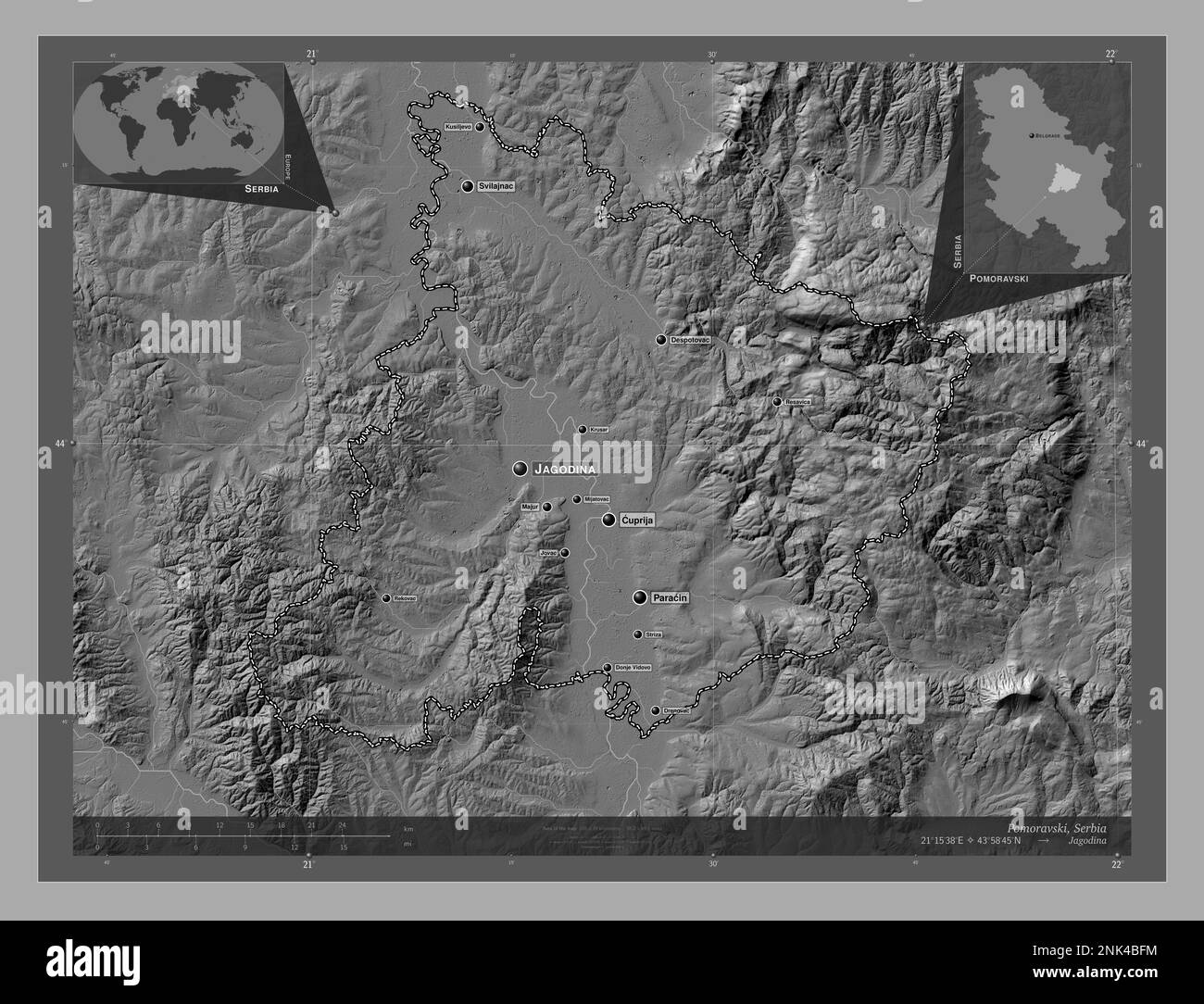 Pomoravski, district of Serbia. Bilevel elevation map with lakes and ...