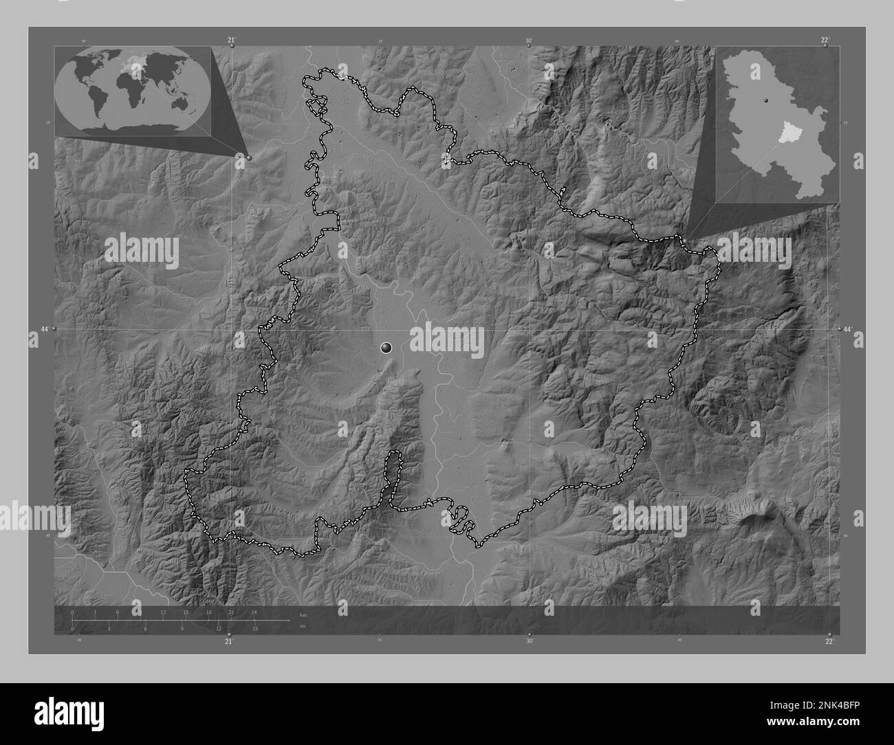Pomoravski, district of Serbia. Grayscale elevation map with lakes and ...