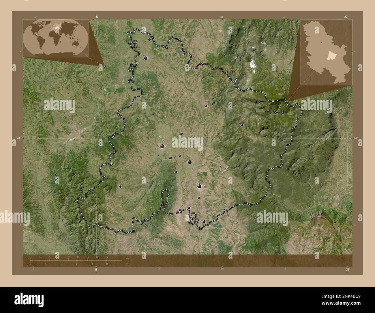 Pomoravski, district of Serbia. Low resolution satellite map. Locations ...