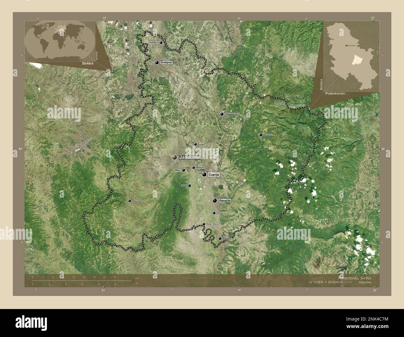 Pomoravski, district of Serbia. High resolution satellite map ...