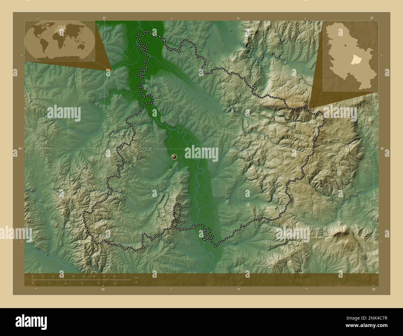 Pomoravski, district of Serbia. Colored elevation map with lakes and ...