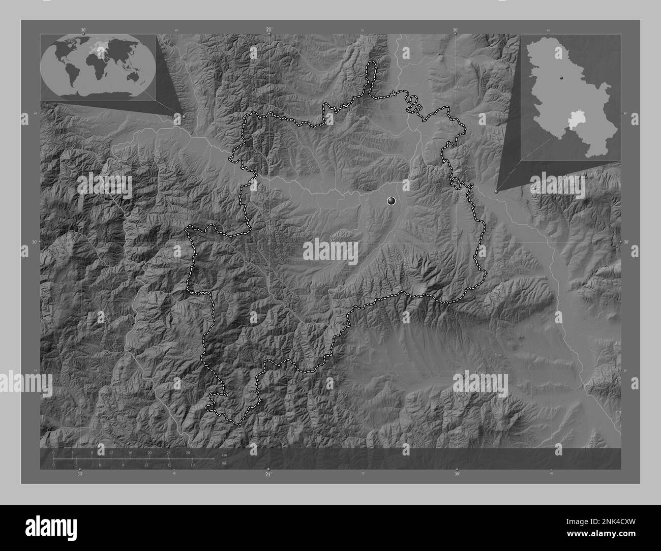 Rasinski, district of Serbia. Grayscale elevation map with lakes and ...