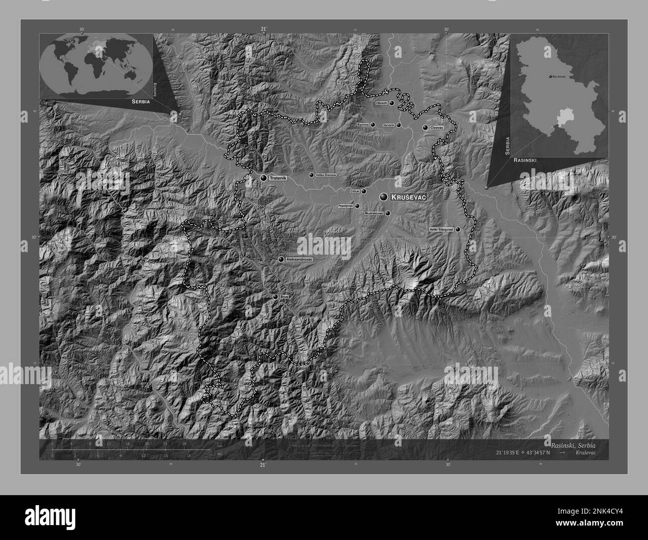 Rasinski, district of Serbia. Bilevel elevation map with lakes and ...