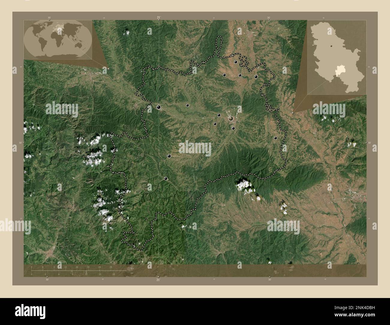 Rasinski, district of Serbia. High resolution satellite map. Locations ...