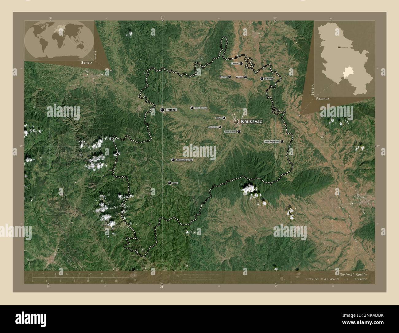 Rasinski, district of Serbia. High resolution satellite map. Locations ...