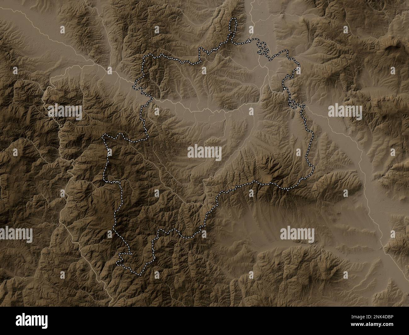 Rasinski, district of Serbia. Elevation map colored in sepia tones with ...