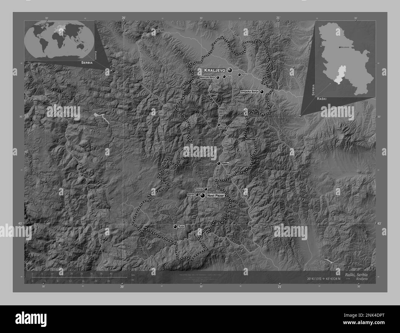 Raski, district of Serbia. Grayscale elevation map with lakes and ...