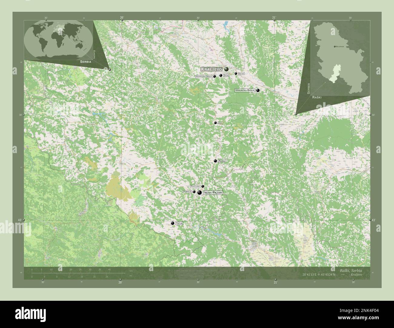 Raski, district of Serbia. Open Street Map. Locations and names of ...