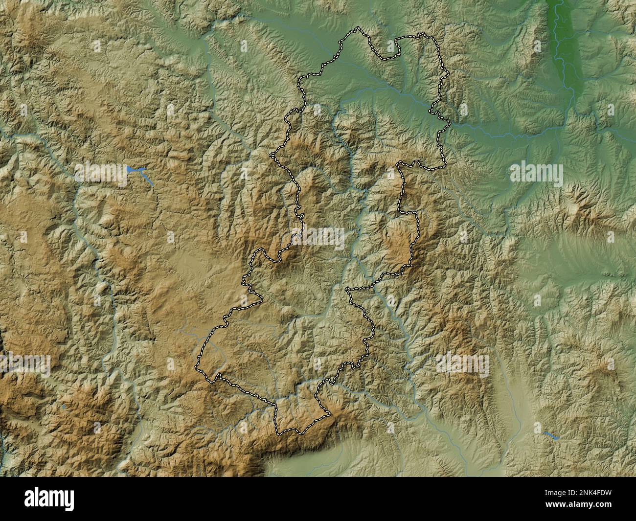 Raski, district of Serbia. Colored elevation map with lakes and rivers ...