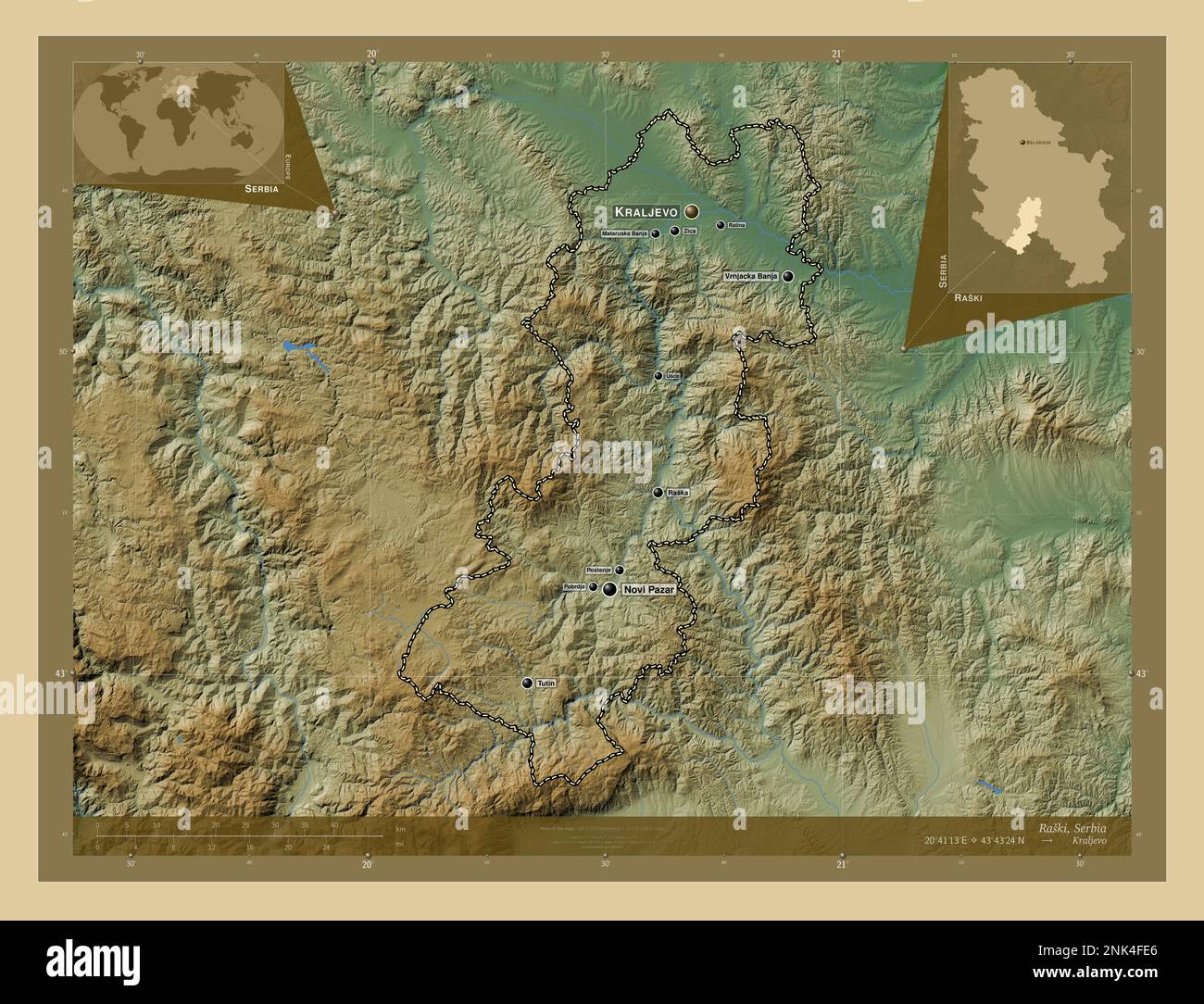 Raski, district of Serbia. Colored elevation map with lakes and rivers ...