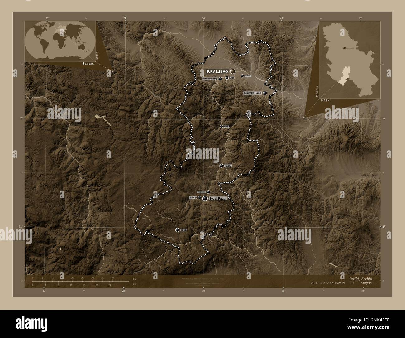 Raski, district of Serbia. Elevation map colored in sepia tones with ...