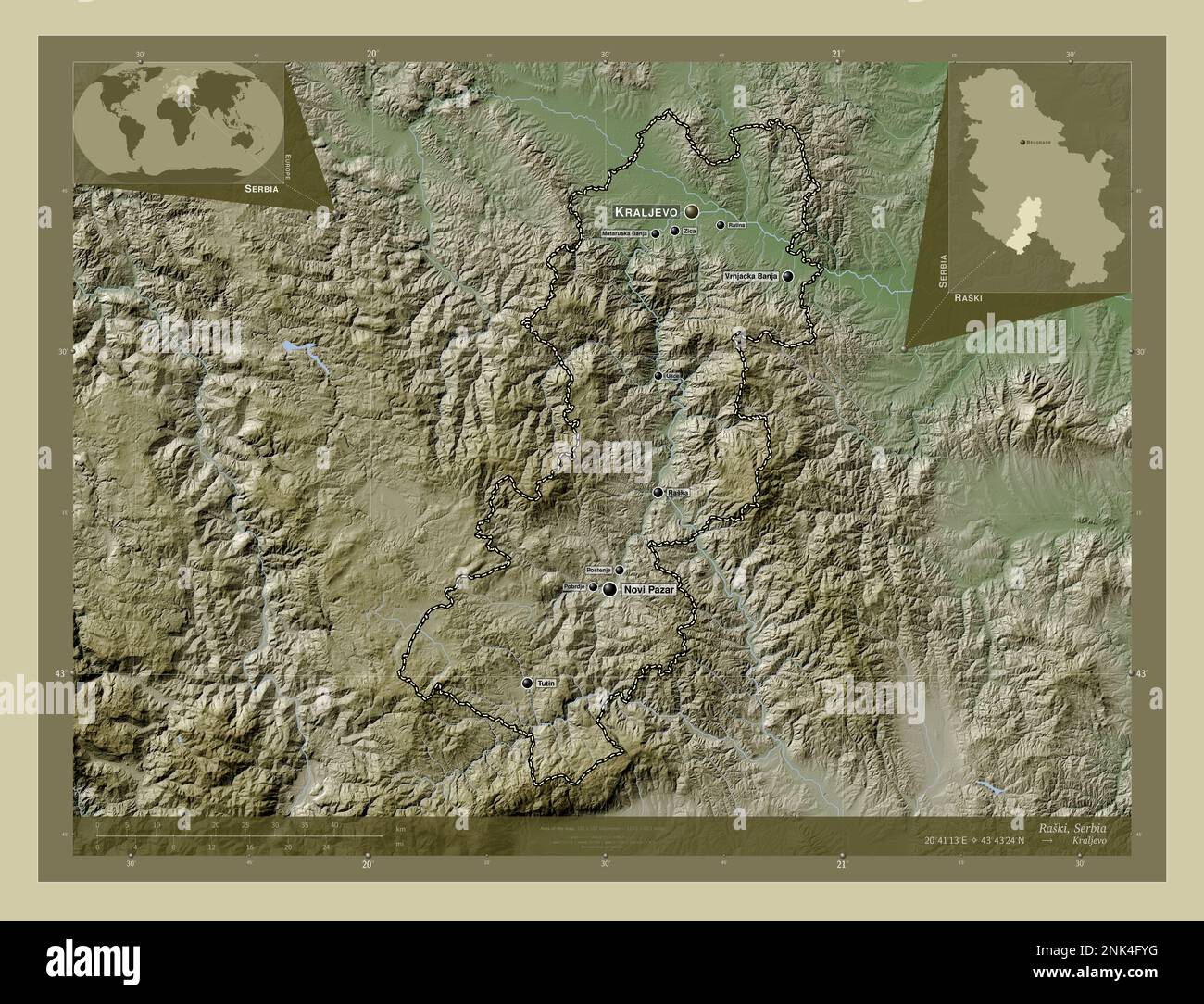 Raski, district of Serbia. Elevation map colored in wiki style with ...