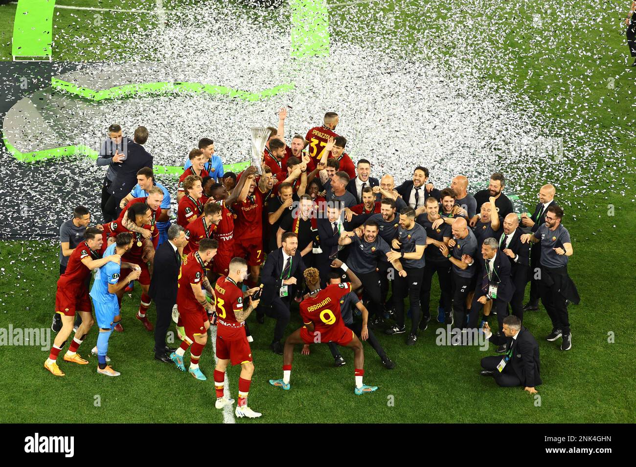 Roma players celebrate after the Europa Conference League final soccer ...