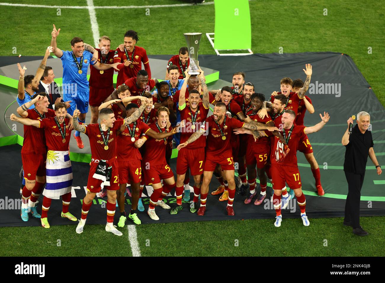 Roma players celebrate after the Europa Conference League final soccer ...