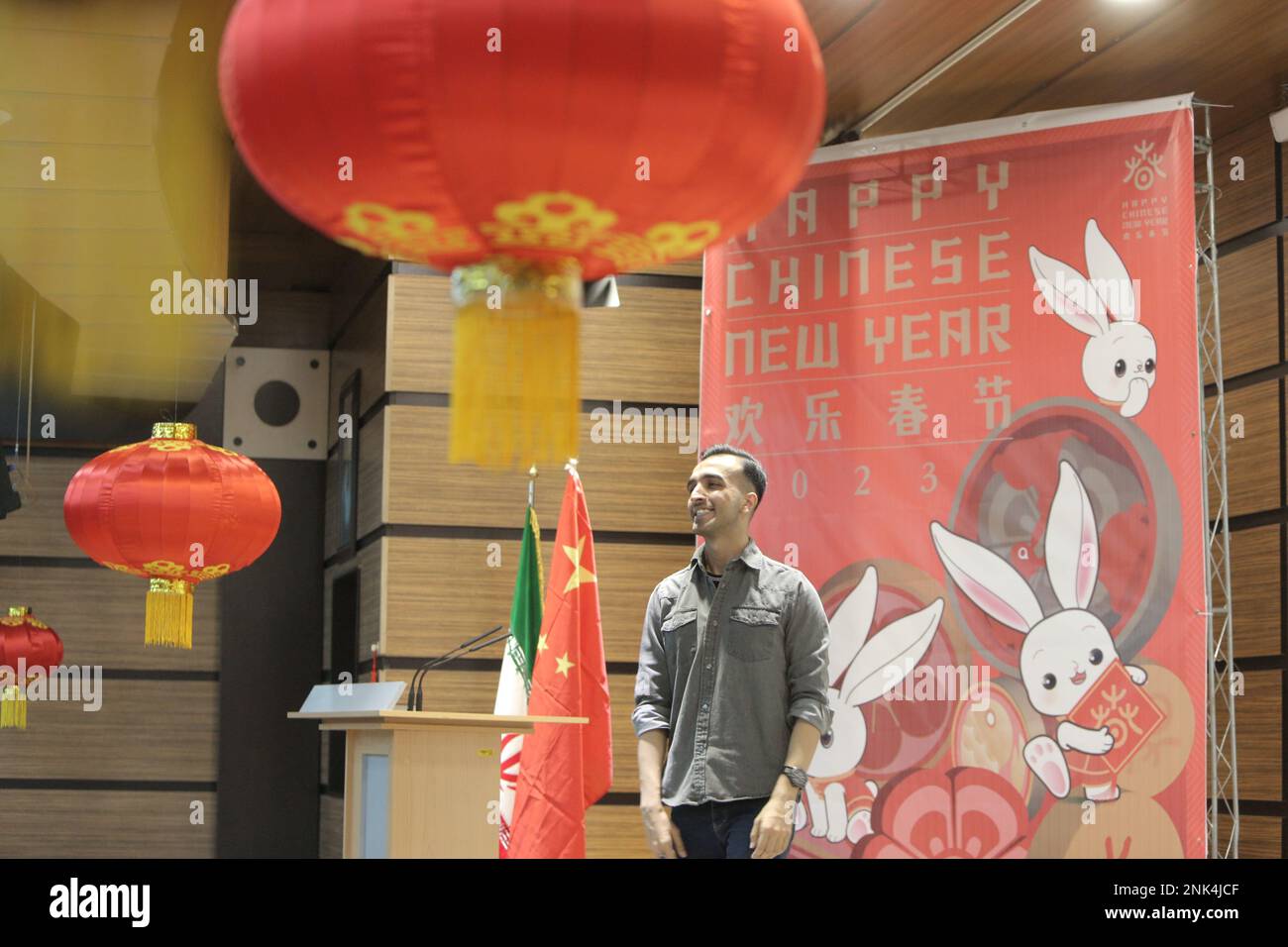 Tehran, Iran. 22nd Feb, 2023. A contestant speaks at the first Chinese ...