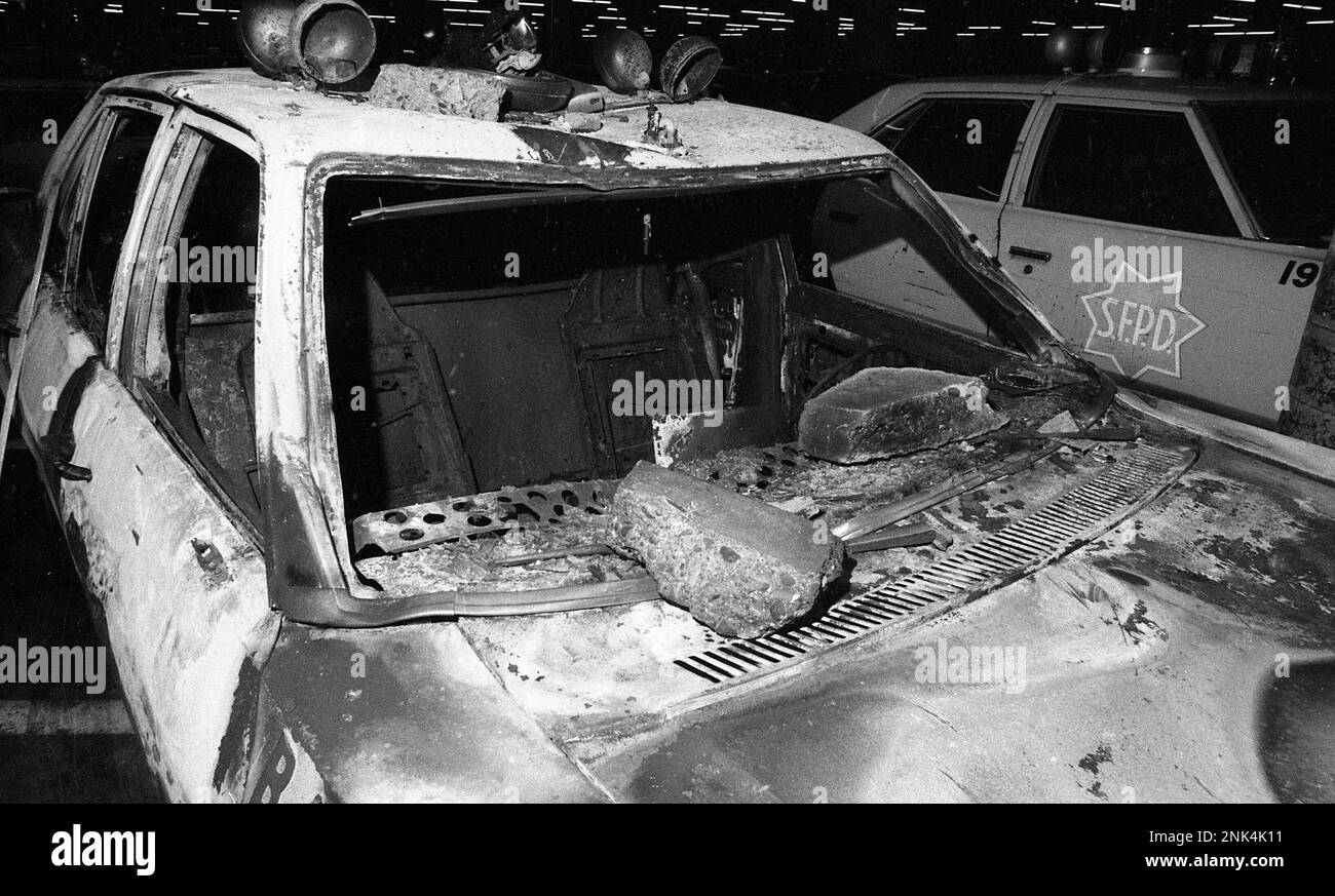 San Francisco police cars that were burned during the White Night Riots ...